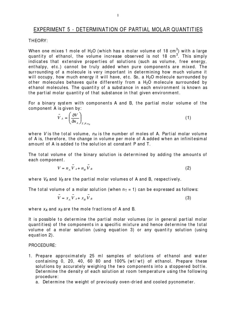EXP5-Determination of Partial Molar Quantities | PDF | Molar Concentration | Materials Science