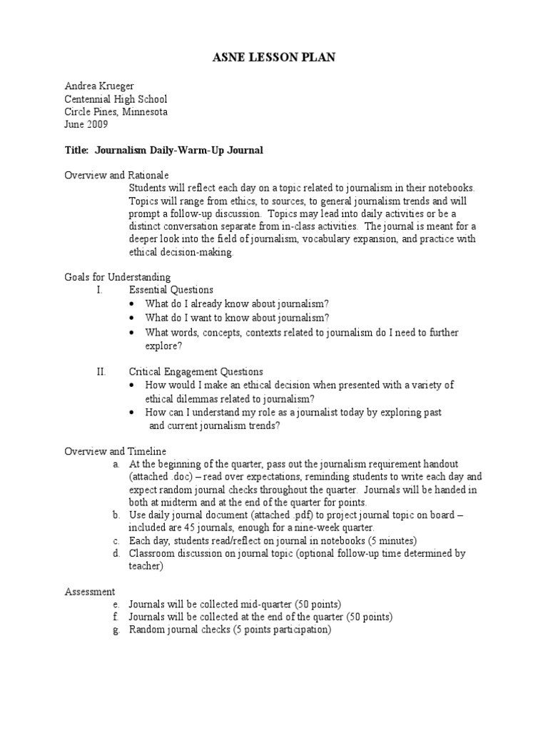 Asne Lesson Plan: Title: Journalism Daily-Warm-Up Journal | PDF