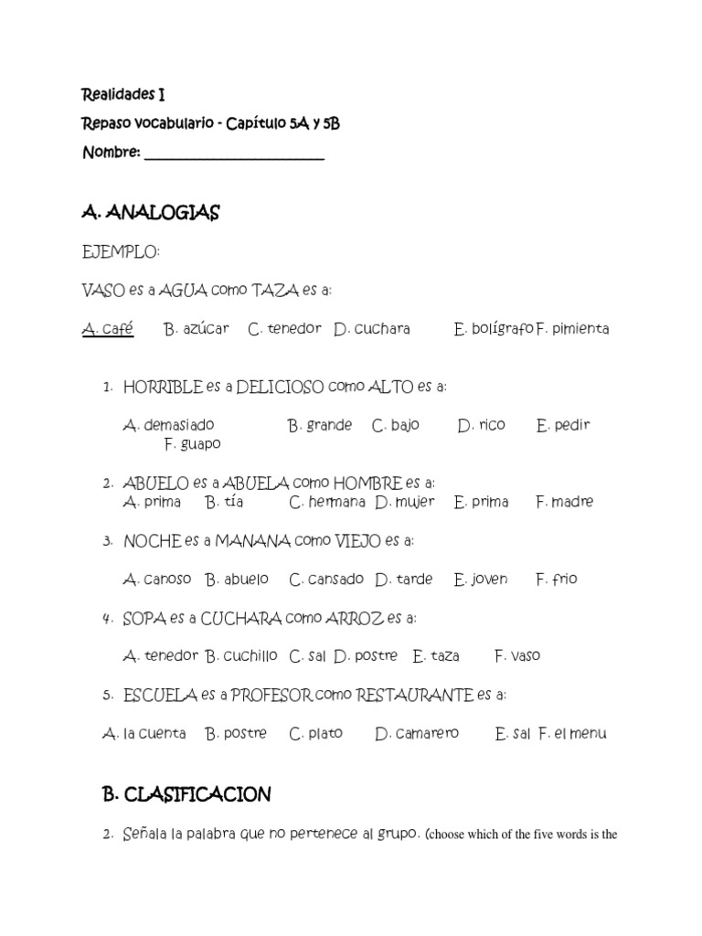 Vocabulario Capitulo 5a - 5b Test Realidades 1 | PDF