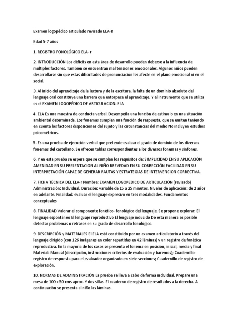 Examen Logopédico Articulado Revisado ELA | PDF | Fonología | Fonema