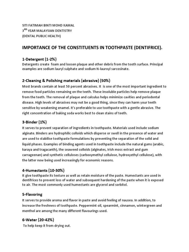 Importance of The Constituents in Toothpaste (Dentifrice) .: 1 ...