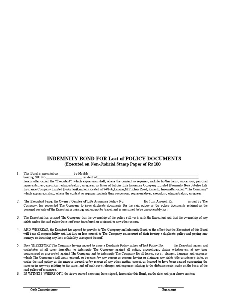 Indemnity Bond For Lost of Policy Documents: (Executed On Non-Judicial ...