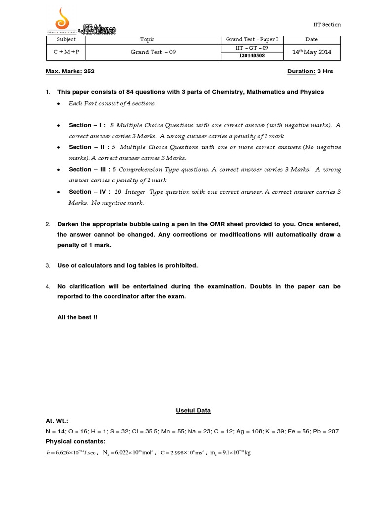 JEE-Adv Grand Test Question Paper (P 1) - 14-05-2014 | Download Free ...