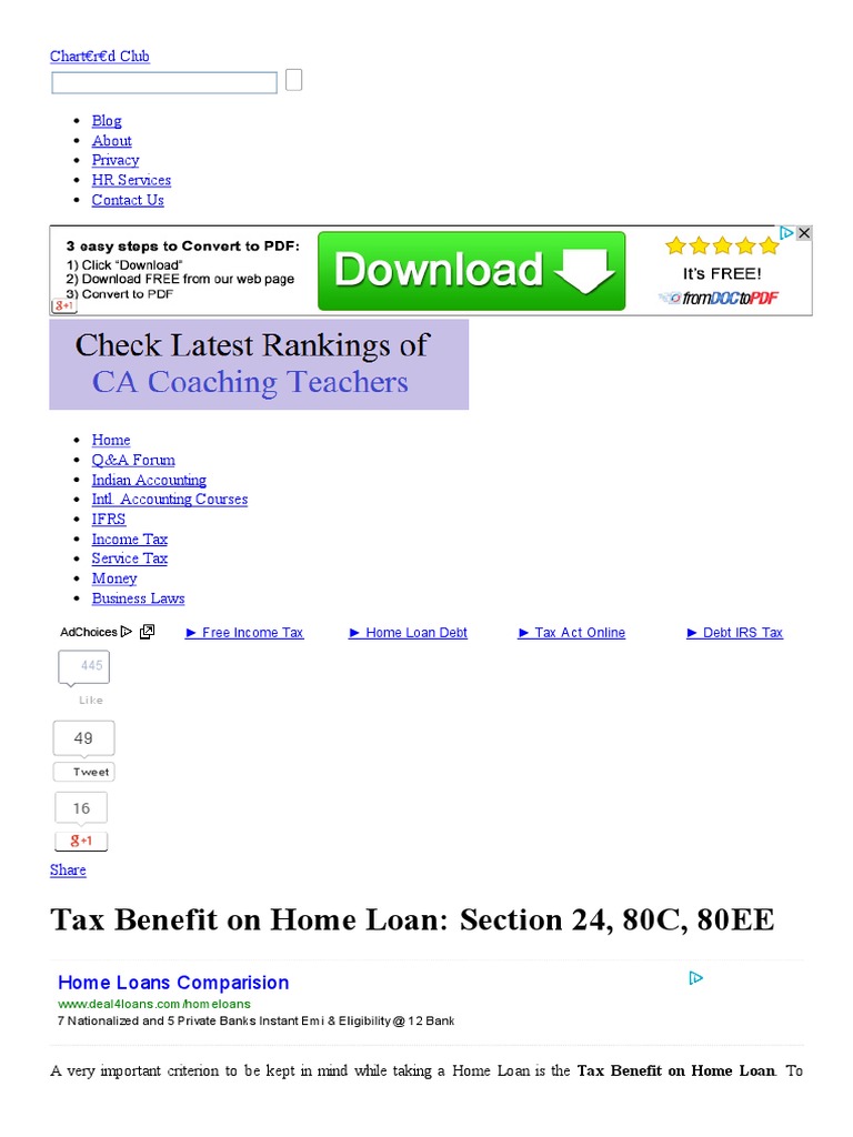 Tax Benefit On Home Loan - Section 24, 80C, 80EE PDF | PDF | Loans | Mortgage Loan