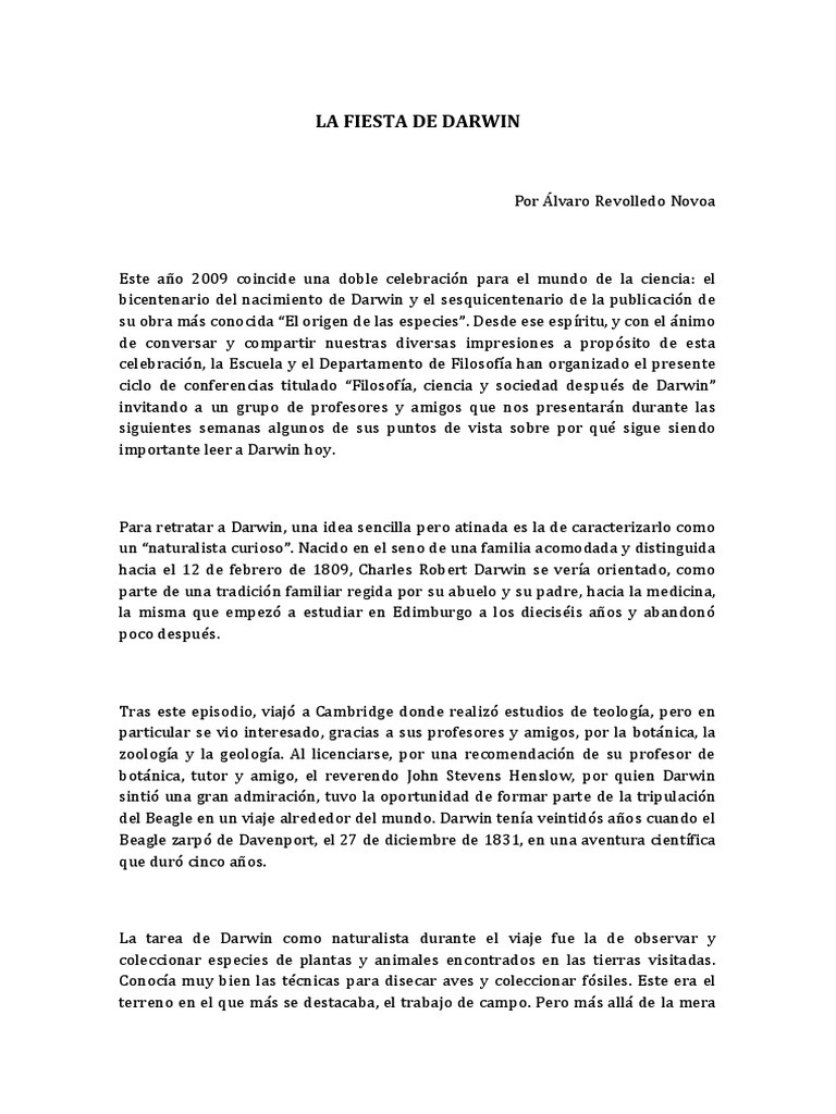 La Fiesta de Darwin. Álvaro Revolledo Novoa | PDF | Charles Darwin | En ...