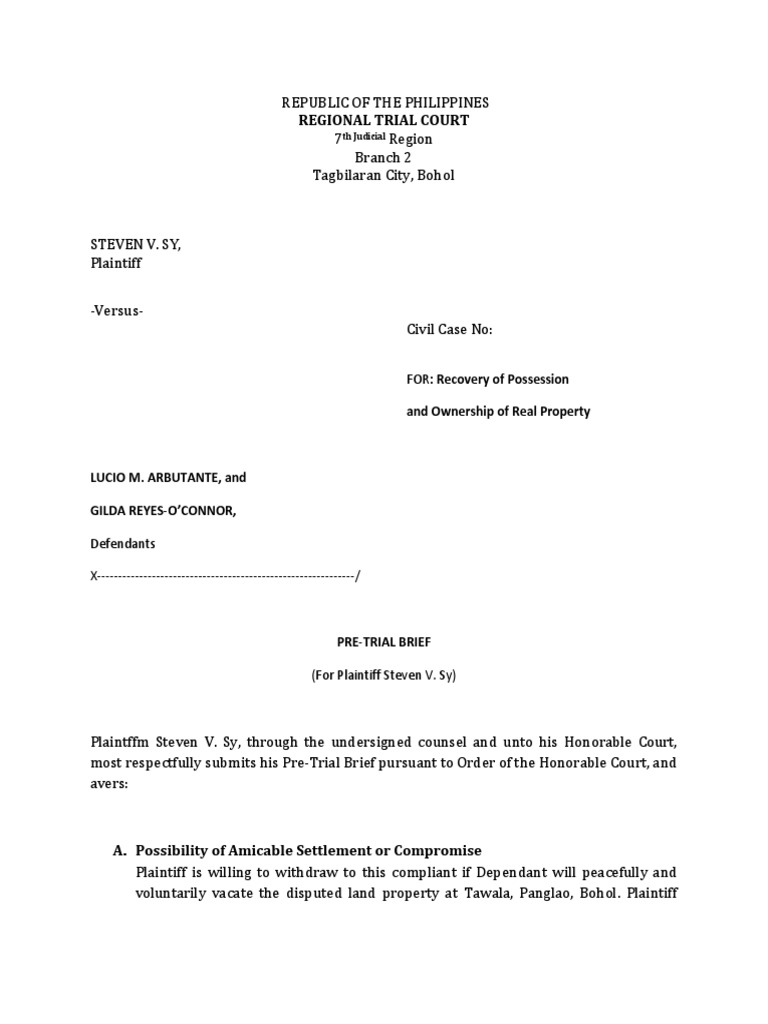 Pre-Trial Brief Sample | PDF | Property | Ownership