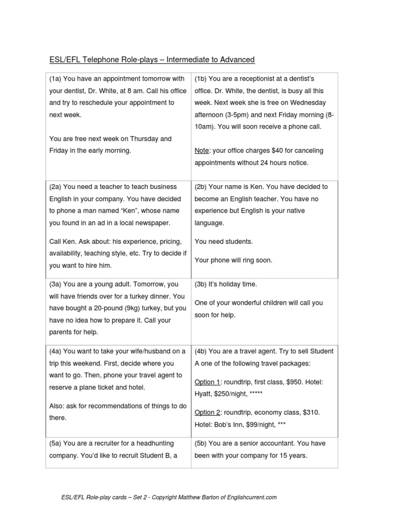 ESL Roleplay Cards Advanced Intermediate 2 | PDF | English As A Second ...