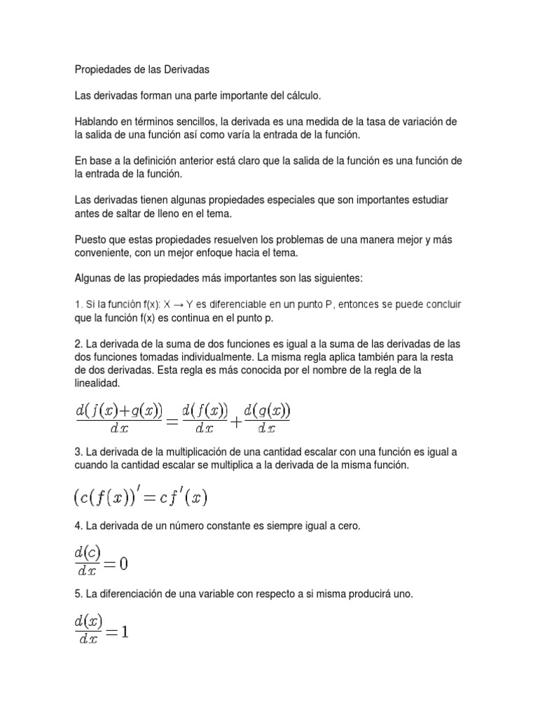 Propiedades Esenciales de las Derivadas | PDF | Derivado | Función ...