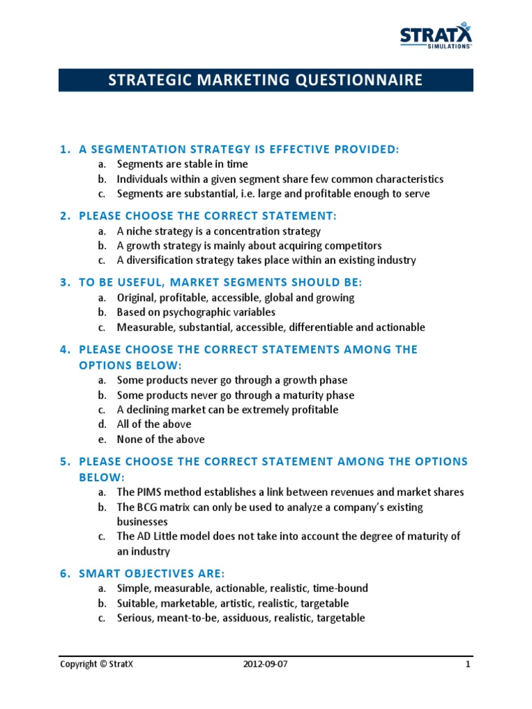Marketing Strategy Questionnaire | PDF | Marketing Strategy | Strategic ...