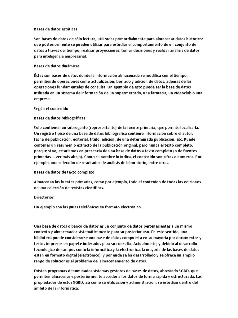 Bases de Datos Estáticas | PDF | Bases de datos | Gestión de tecnología ...