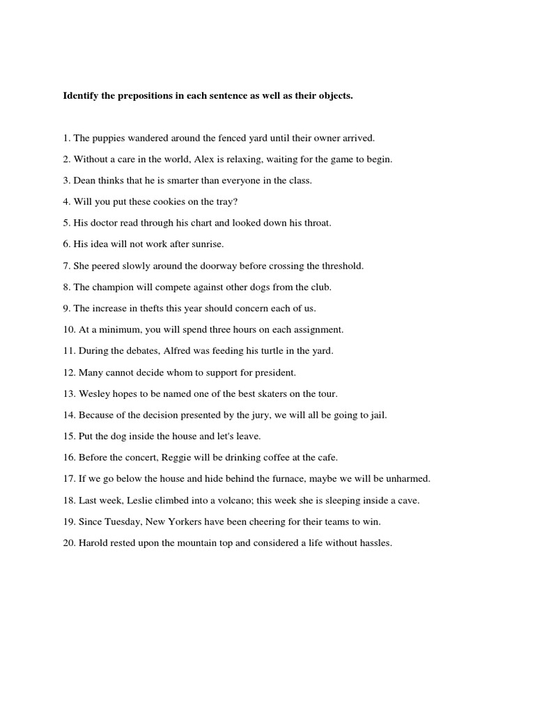 Identify The Prepositions in Each Sentence As Well As Their Objects | PDF