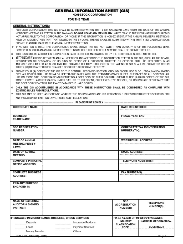 General Information Sheet (Gis) : For The Year General Instructions: Non-Stock Corporation | PDF ...