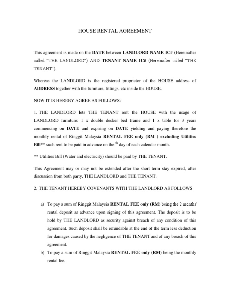 House Rental Agreement - Sample | PDF | Landlord | Lease