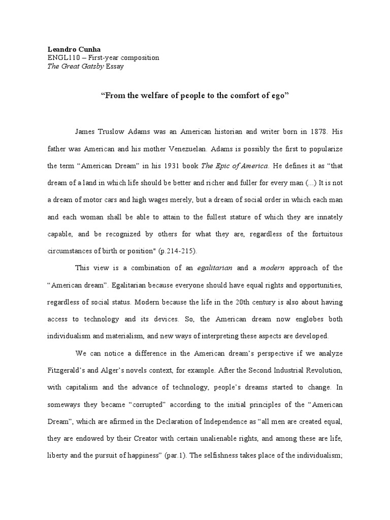 The Great Gatsby Essay | PDF | American Dream | The Great Gatsby