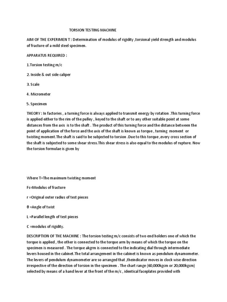 Torsion Testing Machine | PDF | Torque | Strength Of Materials