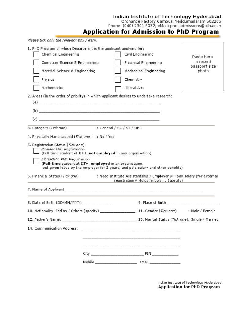 IITH PHD Appln Form 10 | PDF | Business