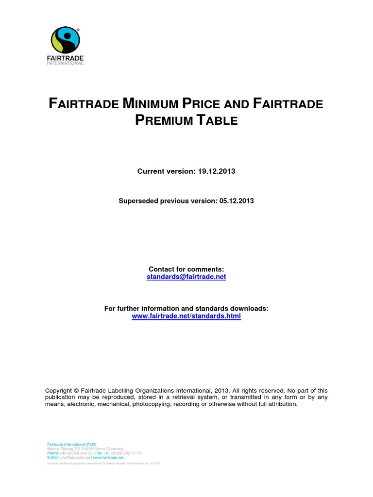 Fairtrade Minimum Price and Premium Table | Download Free PDF ...