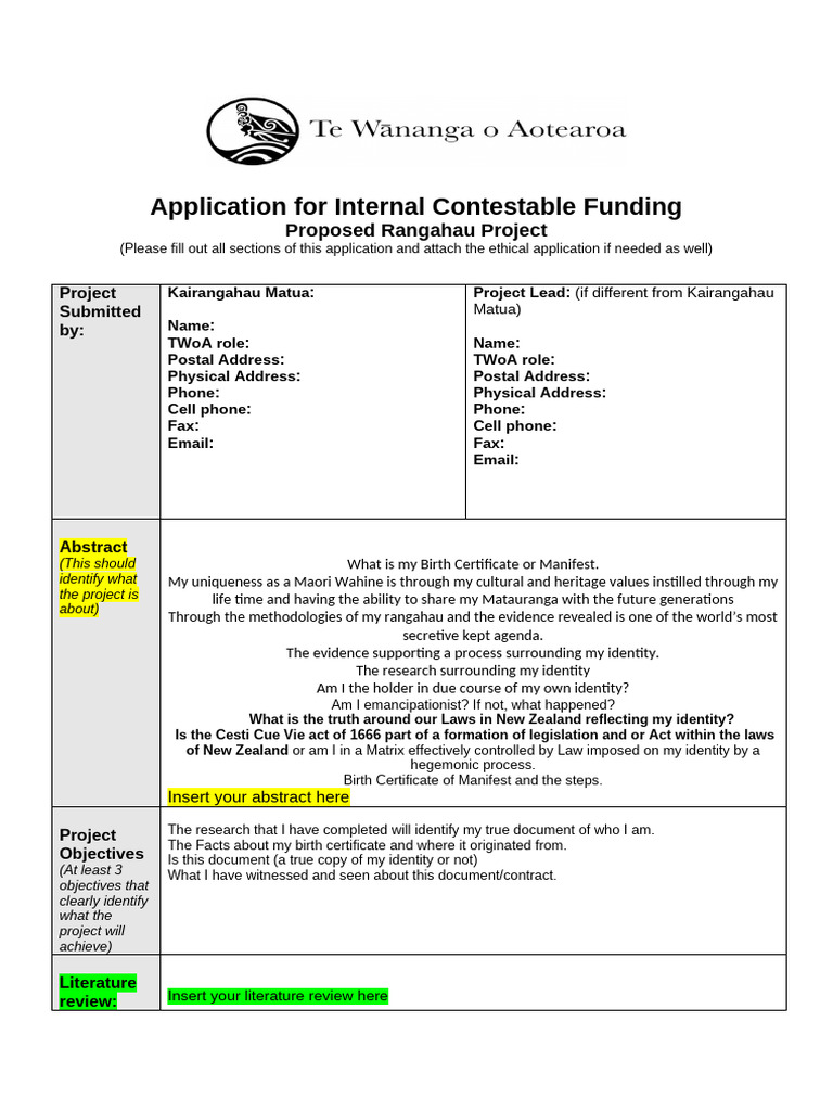 Application For Internal Contestable Funding: Proposed Rangahau Project ...