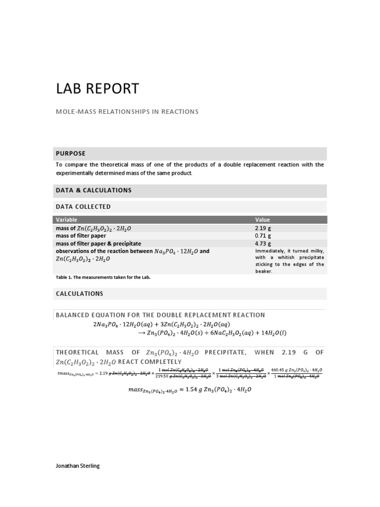 CHEM: Lab Report: Mole-Mass Relationships in Reactions | PDF ...