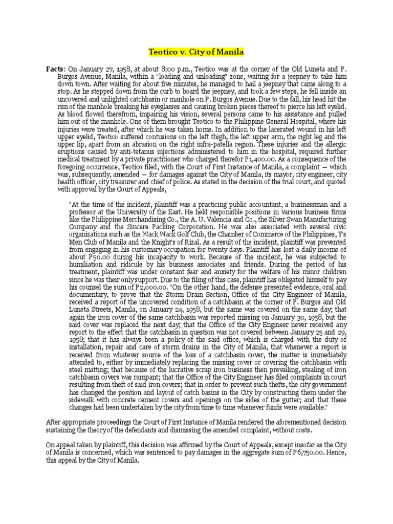 Teotico v. City of Manila (PubCorp Case Digest7) | PDF | Negligence | Damages