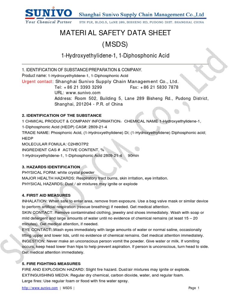 90% Hedp MSDS | PDF | Magnesium | Toxicity