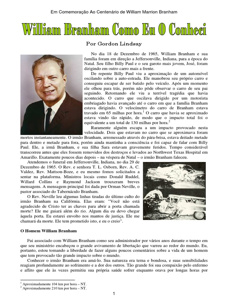 William Branham Como Eu o Conheci - Por Gordon Lindsay PDF | PDF ...