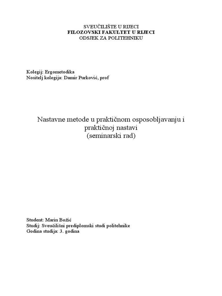 Nastavne Metode U Paraktičnom Osposobljavanju I Praktičnoj Nastavi | PDF