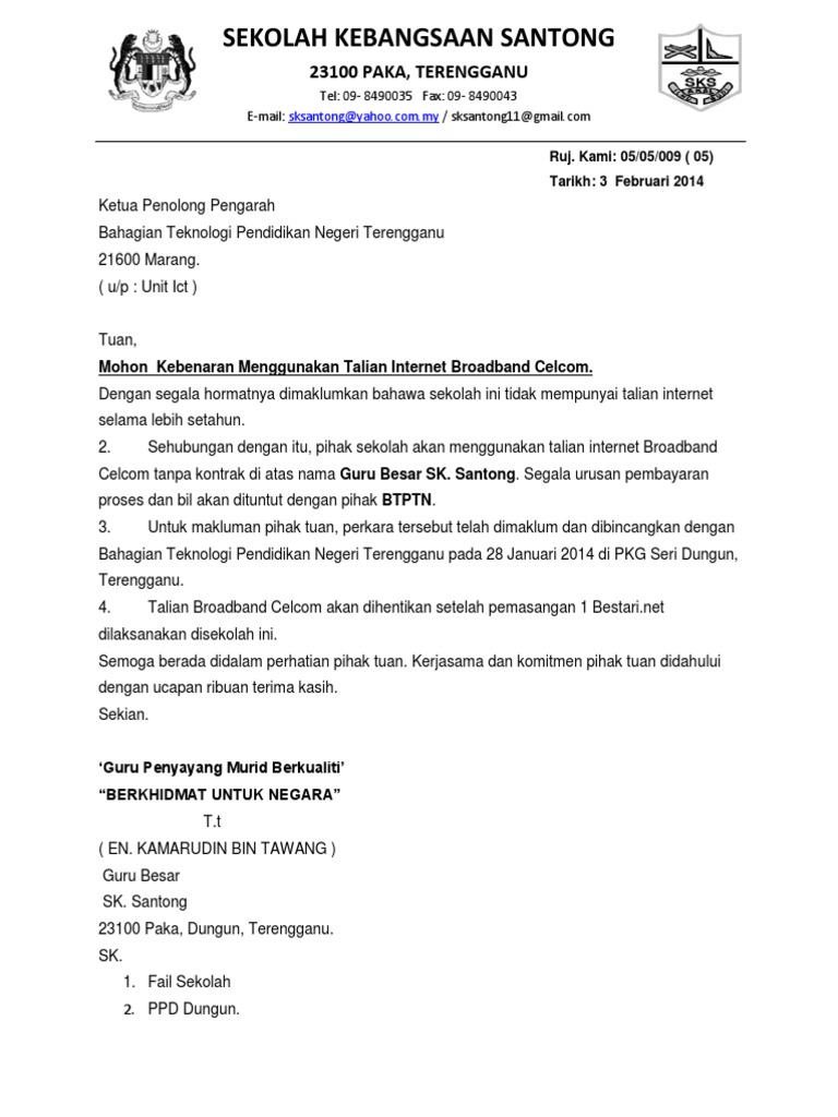 Surat Mohon Internet Celcom SK. Santong | PDF