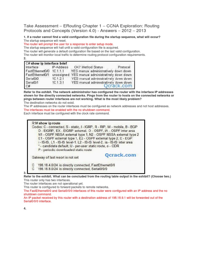 Take Assessment - Erouting Chapter 1 - Ccna Exploration: Routing Protocols and Concepts (Version ...