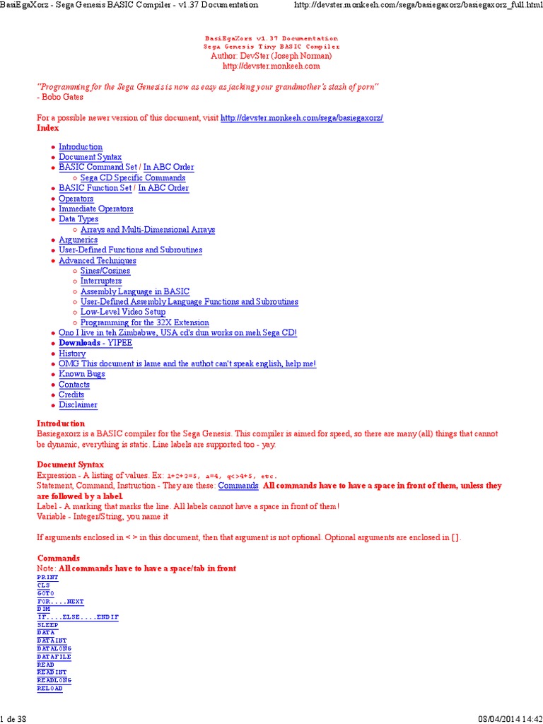 BasiEgaXorz - Sega Genesis BASIC Compiler - V1 | PDF | Control Flow | Subroutine