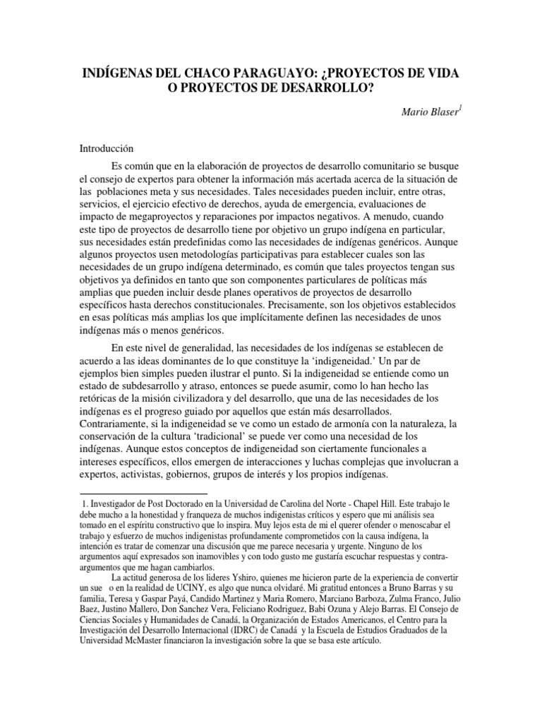 Mario Blaser, Indigenas Del Chaco Paraguayo, Proyectos de Vida o de ...