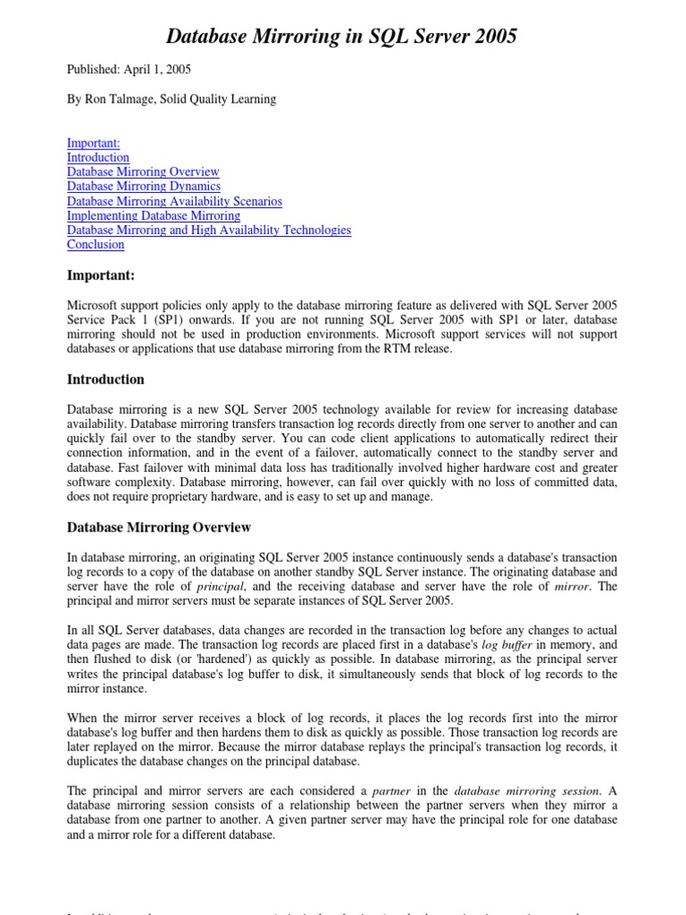 Database Mirroring in SQL Server 2005 | PDF | Microsoft Sql Server ...