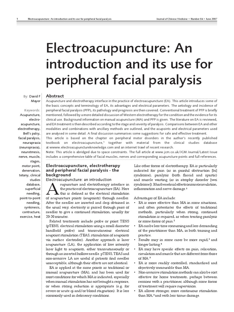 Electro-Acupuncture - An Introduction and Its Use For Peripheral Facial ...