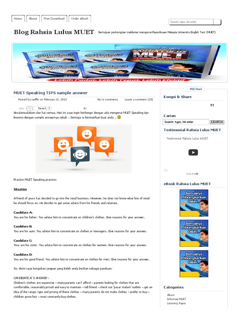 MUET Speaking TIPS Sample Answer - Blog Rahsia Lulus MUET | PDF ...