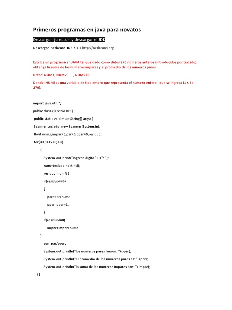 Primeros Programas en Java para Novatos | PDF | Java (lenguaje de programación) | Plataformas de ...
