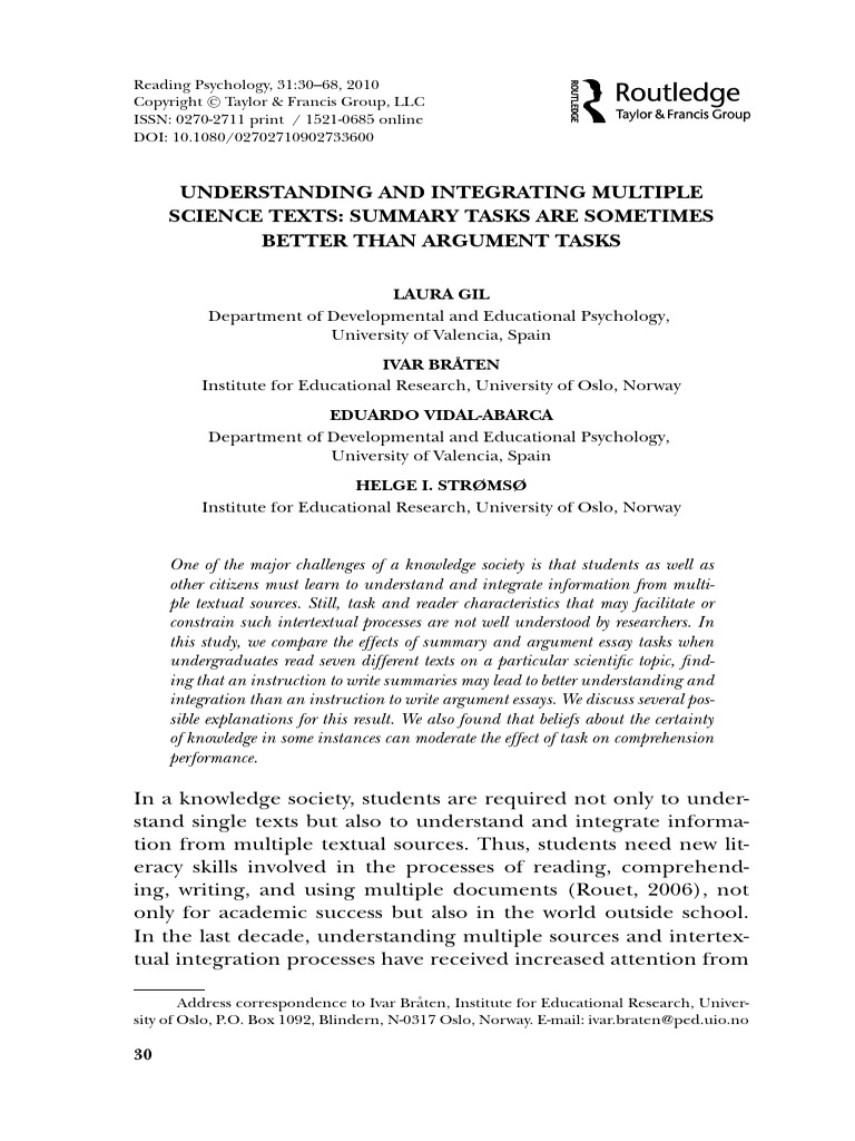 Understanding and Integrating Multiple Science Texts: Summary Tasks Are ...