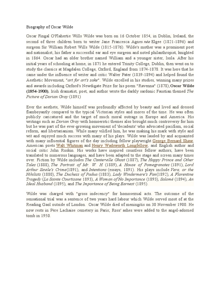 Biography of Oscar Wilde | PDF | Oscar Wilde | Poetry