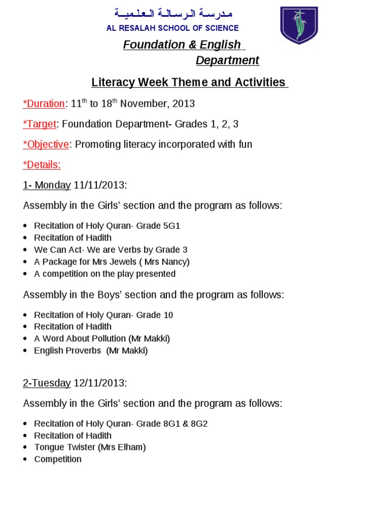 Literacy Week Activities for Grades 1-3 | PDF