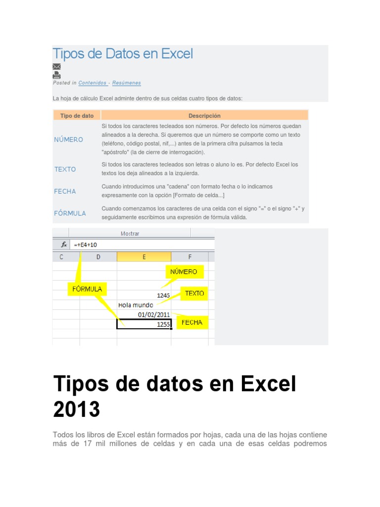 Tipos de Datos en Excel PDF | PDF | Fórmula | Microsoft Excel