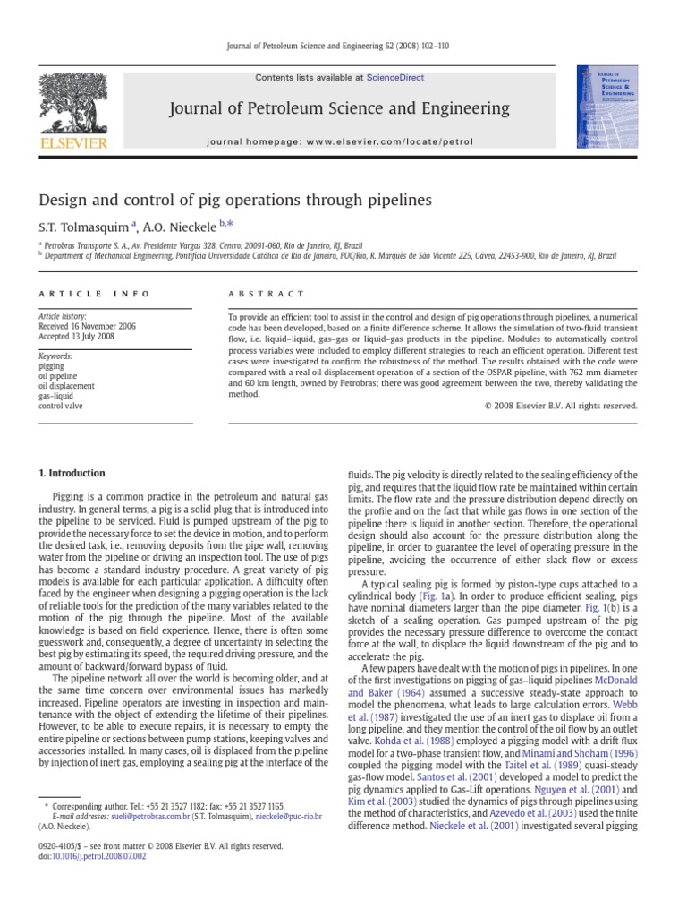 Design and Control of Pig Operations Through Pipelines | PDF | Pressure ...
