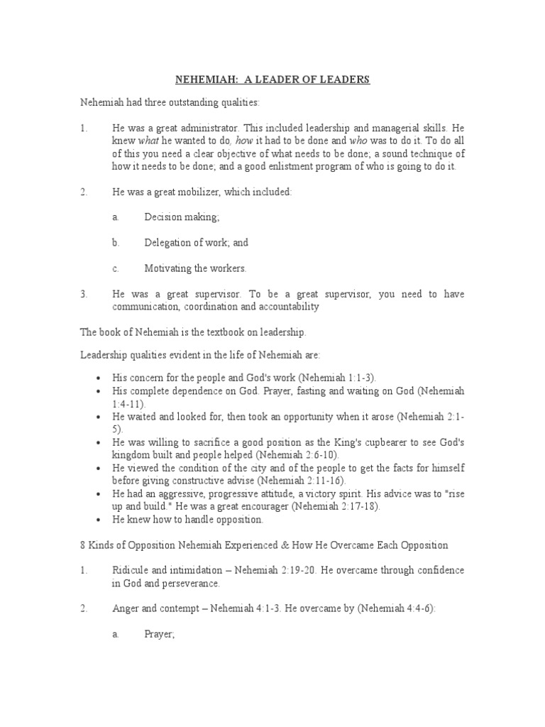 Bible - Nehemiah A Leader of Leaders | PDF | Leadership | Psychology