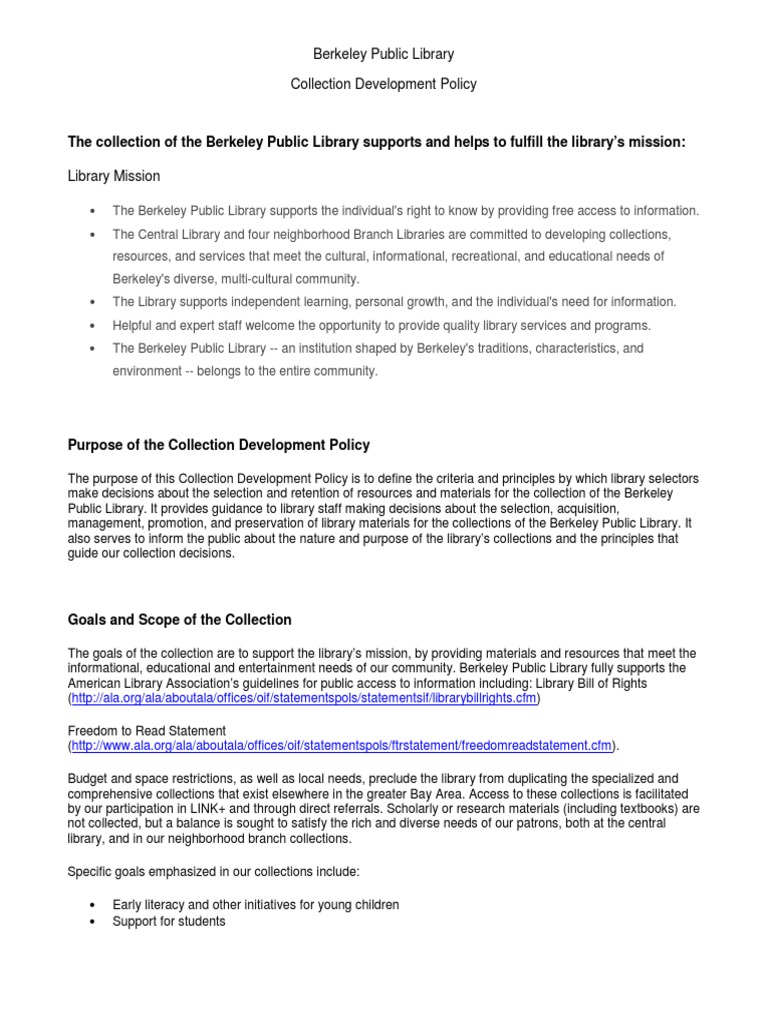 Collection Development Policy FINAL | PDF | Public Library | Libraries