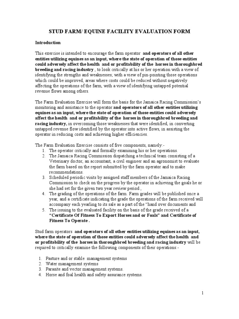 Stud Farm Evaluation Form Proposed) | PDF | Horse Breeding | Horses