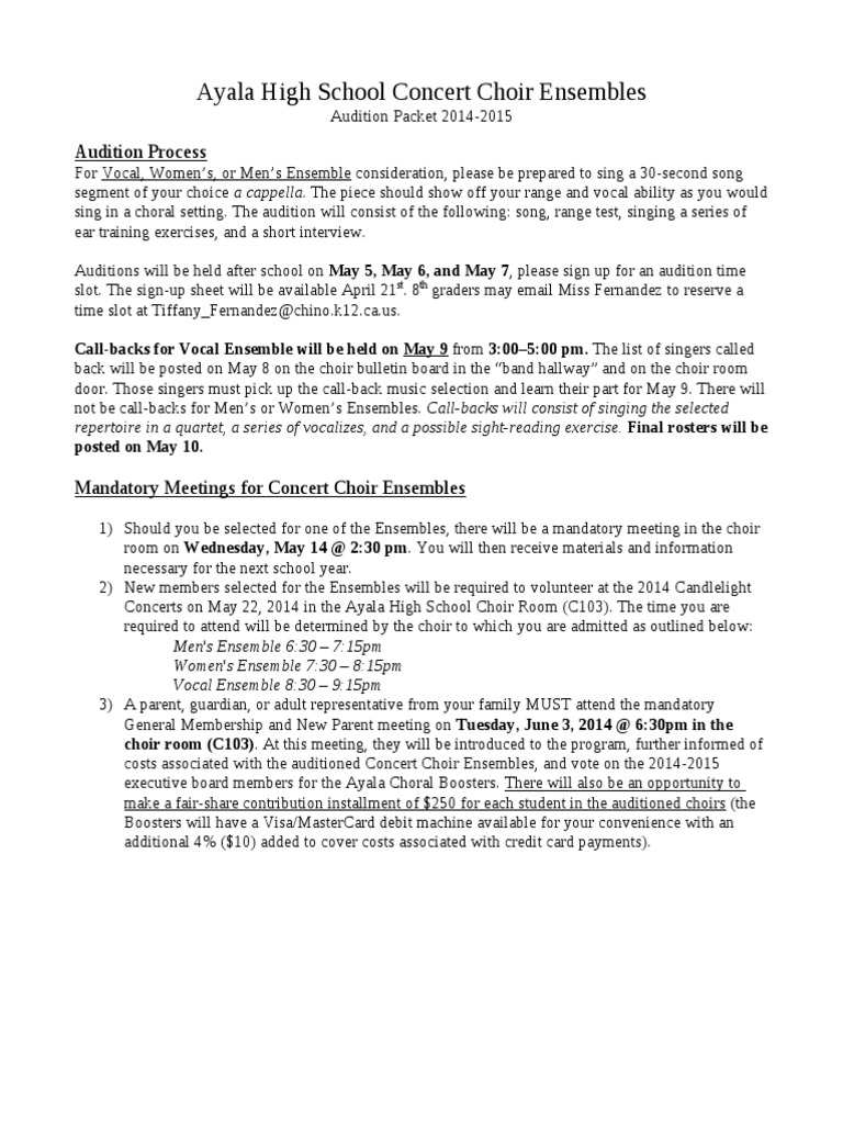 Ayala Choir Audition Packet Newcomers | PDF | Singing | Choir