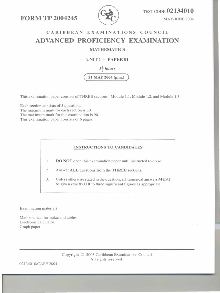 Cape Unit 1 Pure Math 2004 | Equations | Trigonometric Functions
