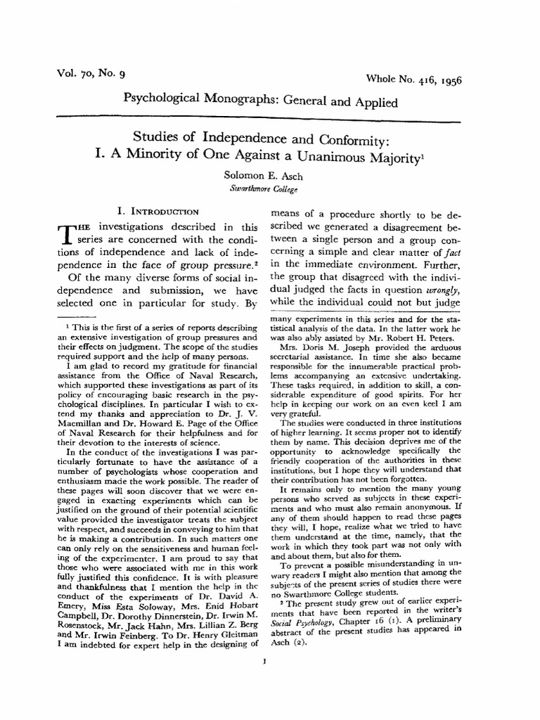 Asch 1956 | PDF | Conformity | Experiment