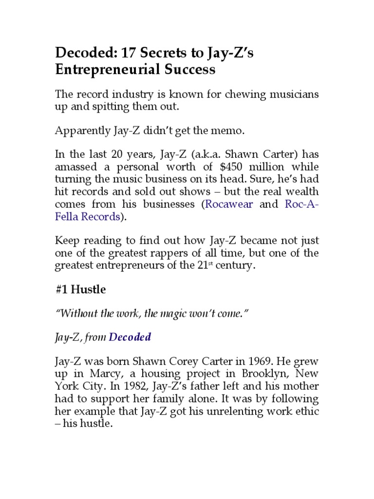 Decoded: 17 Secrets To Jay-Z's Entrepreneurial Success | Download Free PDF | Jay Z | Hip Hop Music