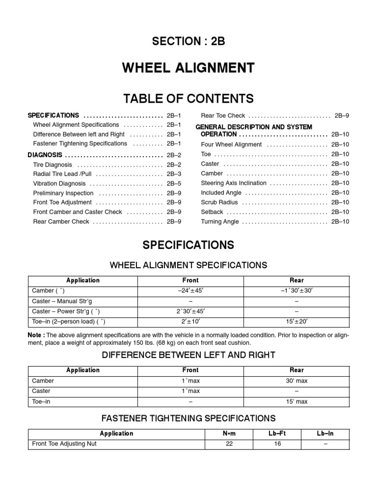 Wheel Alignment Specifications & Diagnosis | PDF | Tire | Steering