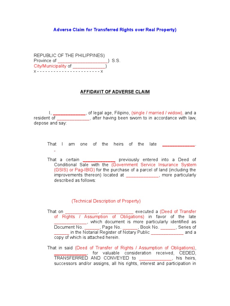 Affidavit of Adverse Claim for Property | PDF | Deed | Affidavit