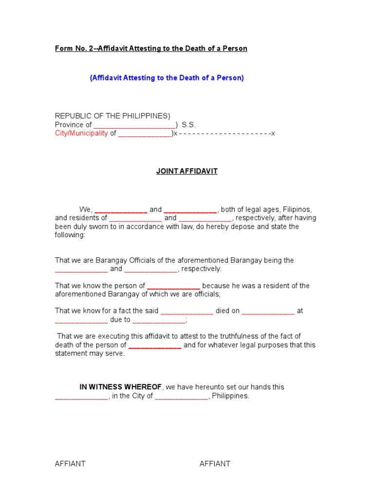 Affidavit Attesting To The Death of A Person | PDF | Affidavit | Civil ...